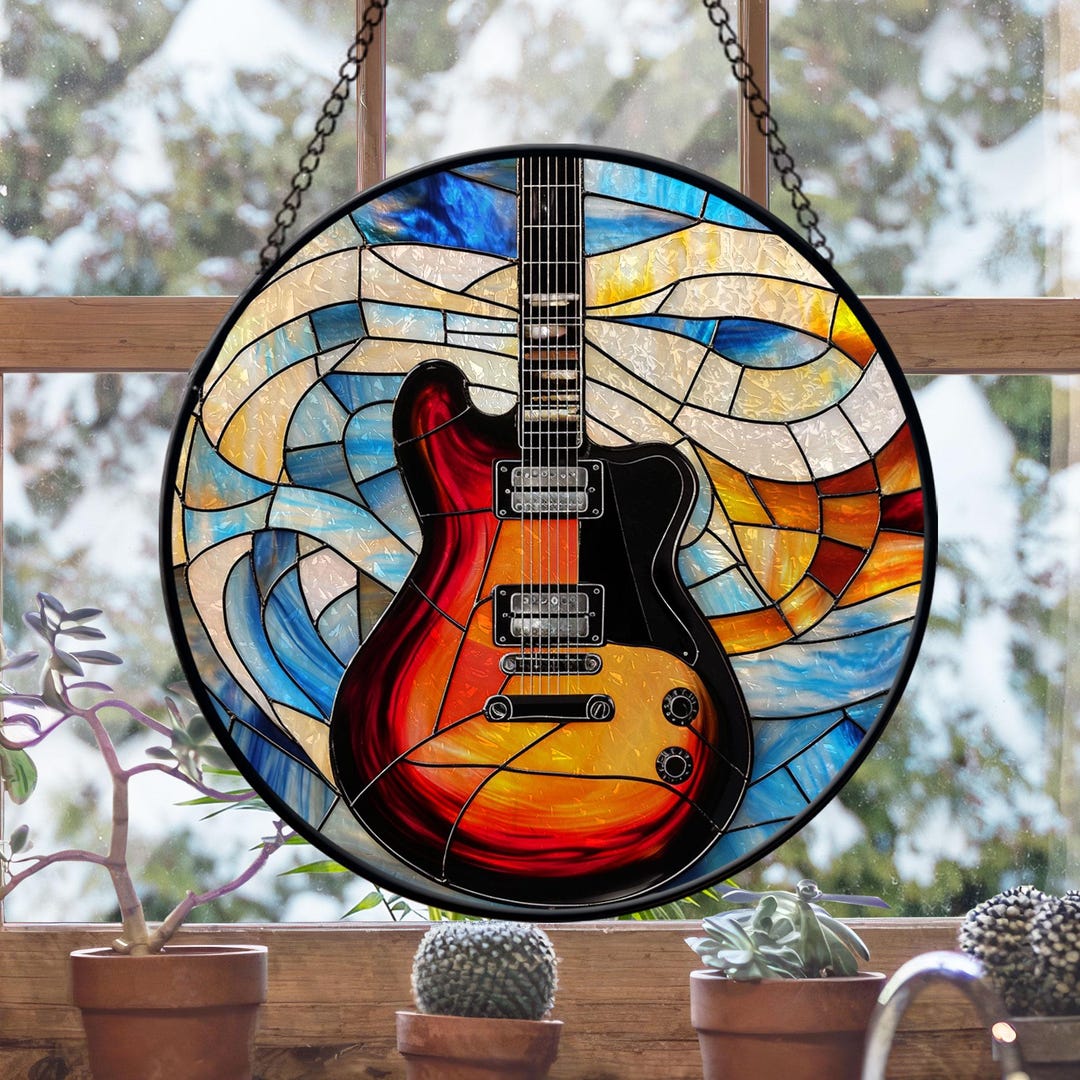 Electric Guitar Faux Stained Glass Window Hanging, Christmas Gift for ...