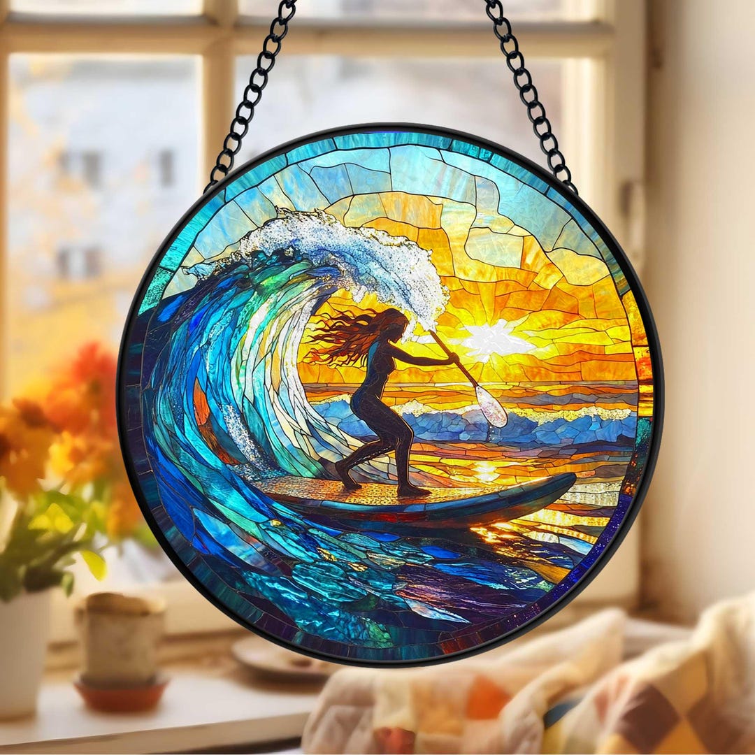 Woman Paddle Boarding Faux Stained Glass Suncatcher, Paddle Board ...