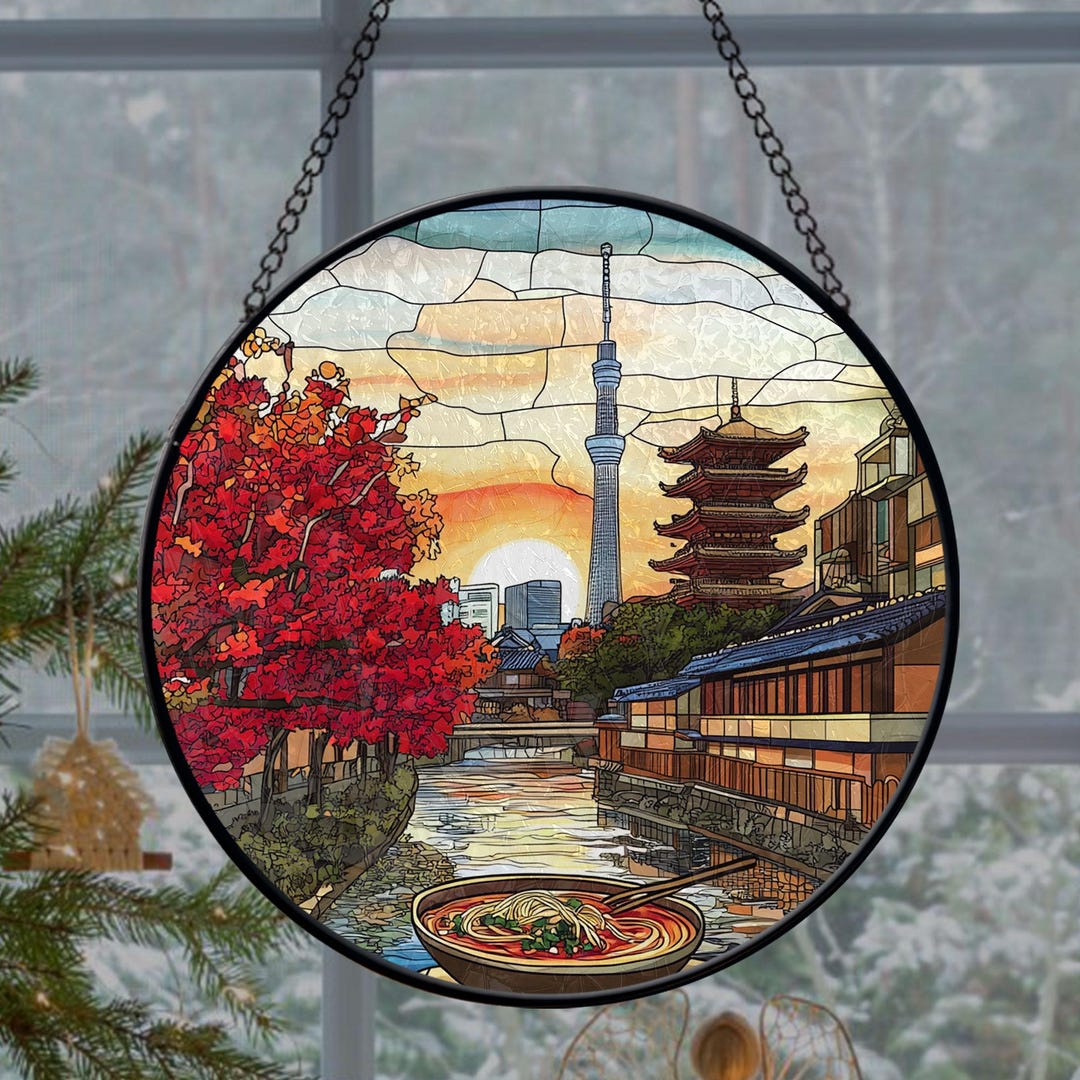 Japanese Pagoda Faux Stained Glass Window Hanging, Christmas Ornament ...