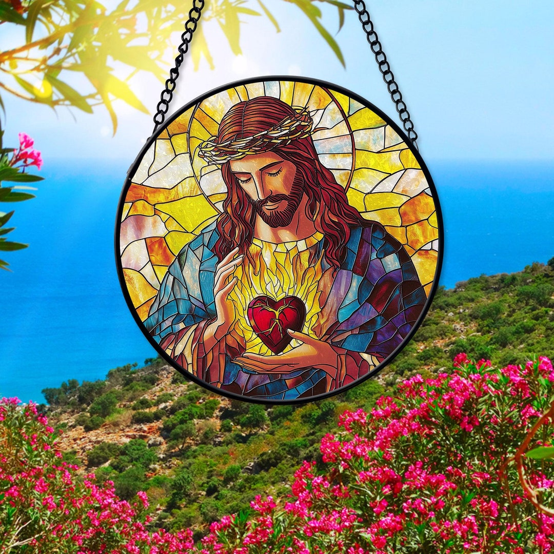 Jesus Faux Stained Glass Window Hanging, Sacred Heart of Jesus ...