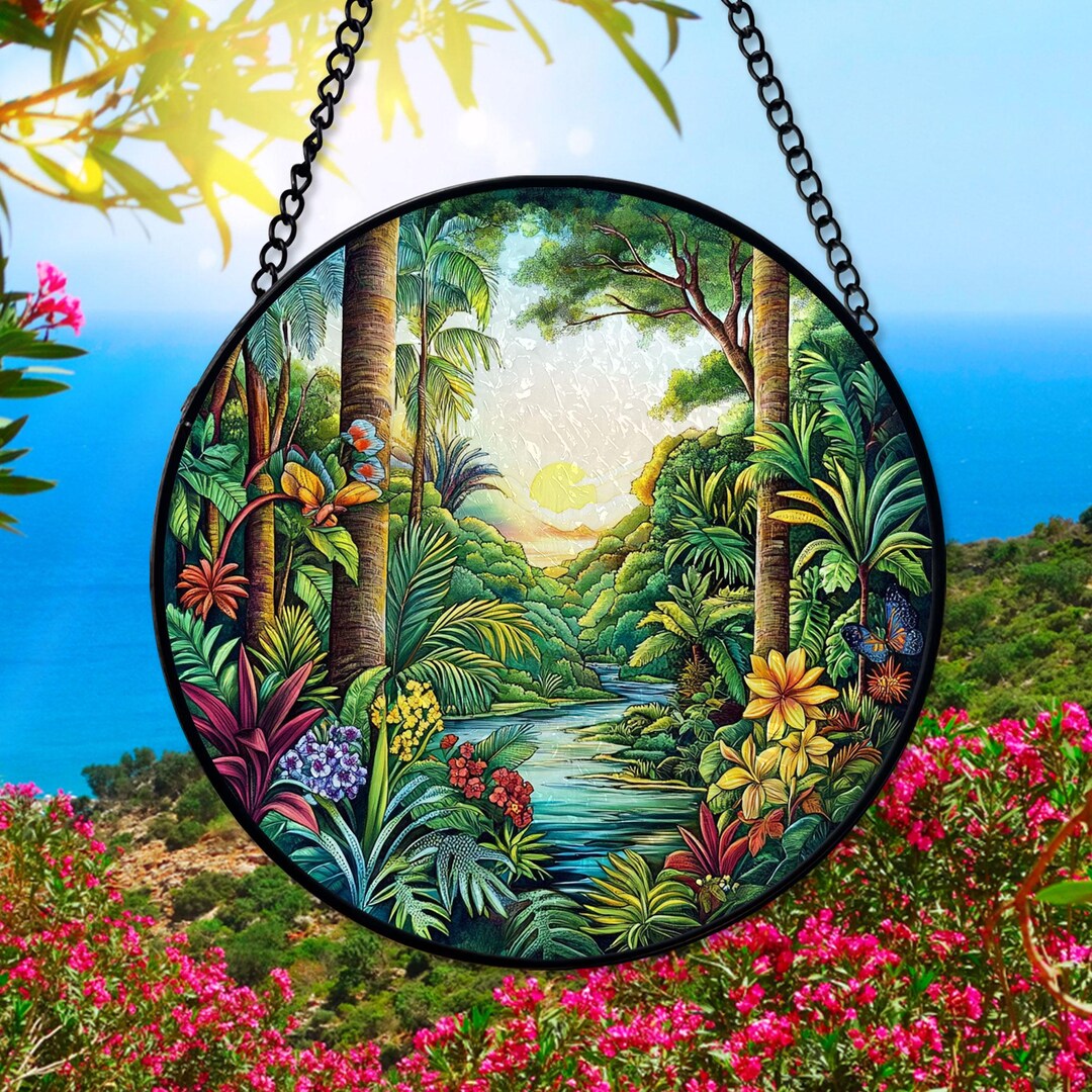 Vibrant Amazon Jungle Faux Stained Glass Suncatcher Lush Tropical ...