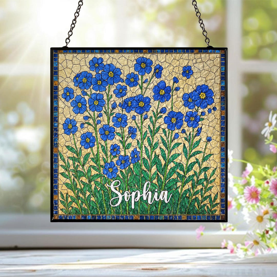 Custom Name With Forget Me Not Flowers Square Faux Stained Glass ...