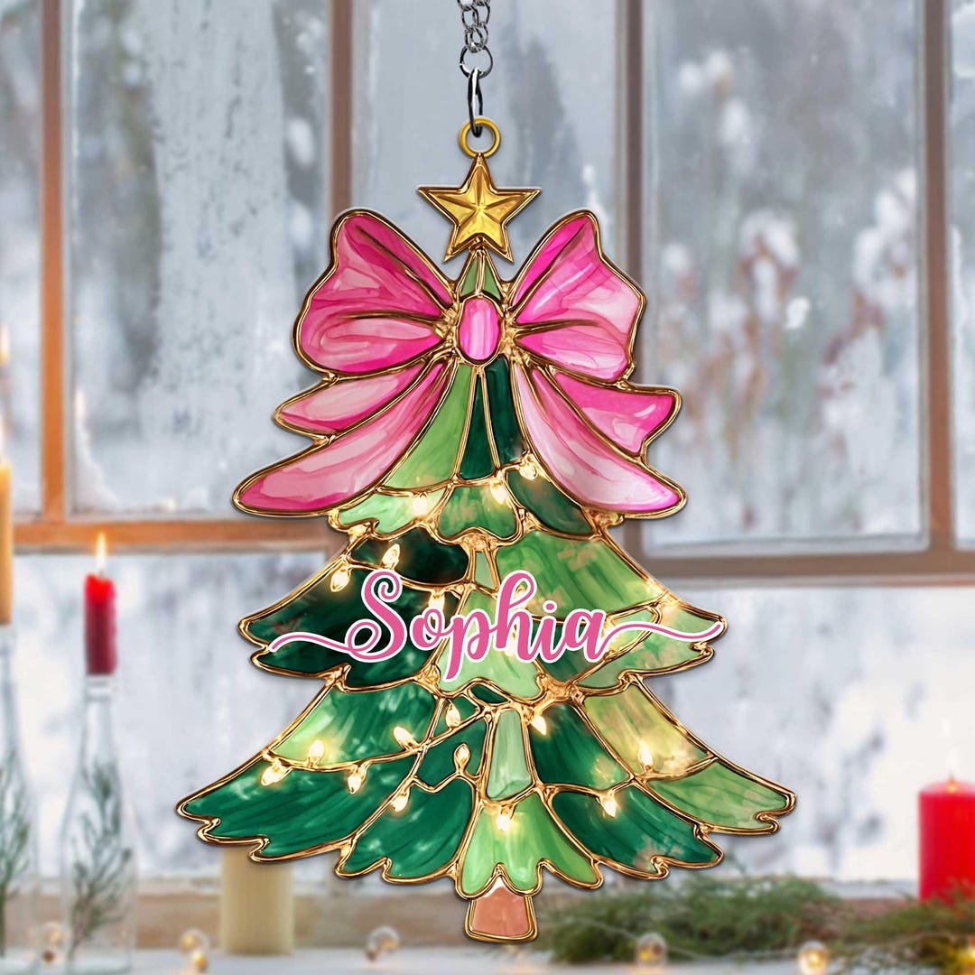 Custom Bow Christmas Faux Stained Glass Tree Acrylic Suncatcher ...