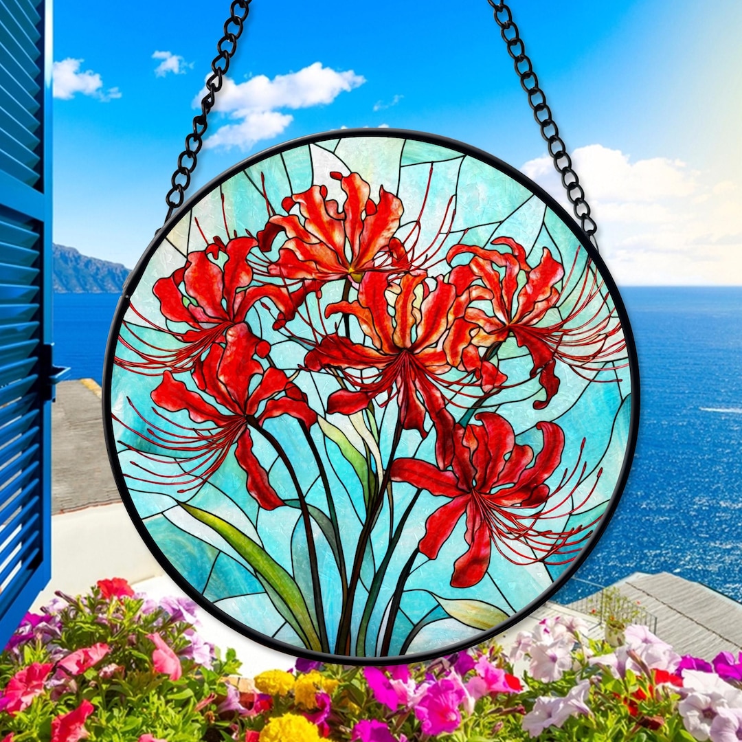 Spider Lily Faux Stained Glass Suncatcher Ornament, Art Decor Gift for ...