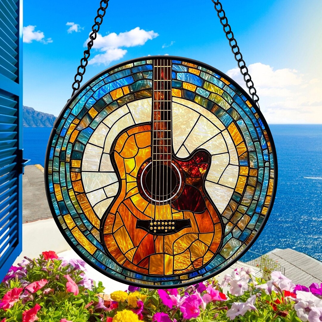 Guitar Faux Stained Glass Window Hanging, Christmas Gift for Music ...