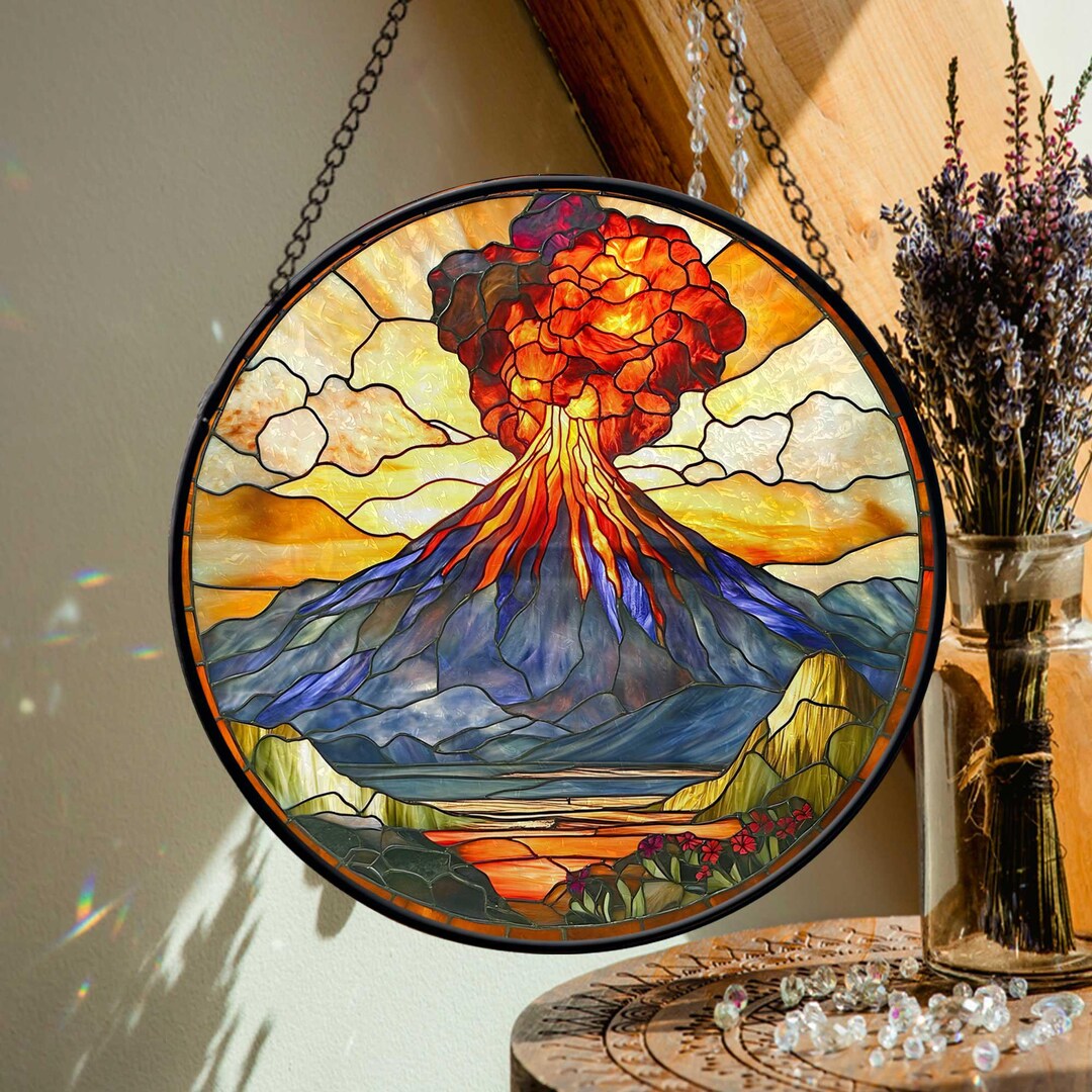 Volcano Faux Stained Glass Suncatcher, Gift for Volcano Lover, Volcano ...
