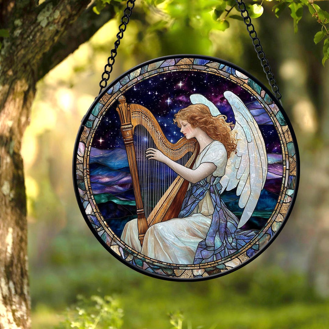 Angle Plays Harp Faux Stained Glass Suncatcher, Angle Plays Harp Window ...
