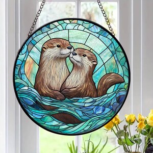 Otter Couples Faux Stained Glass, Wedding Anniversary Window Hanger ...