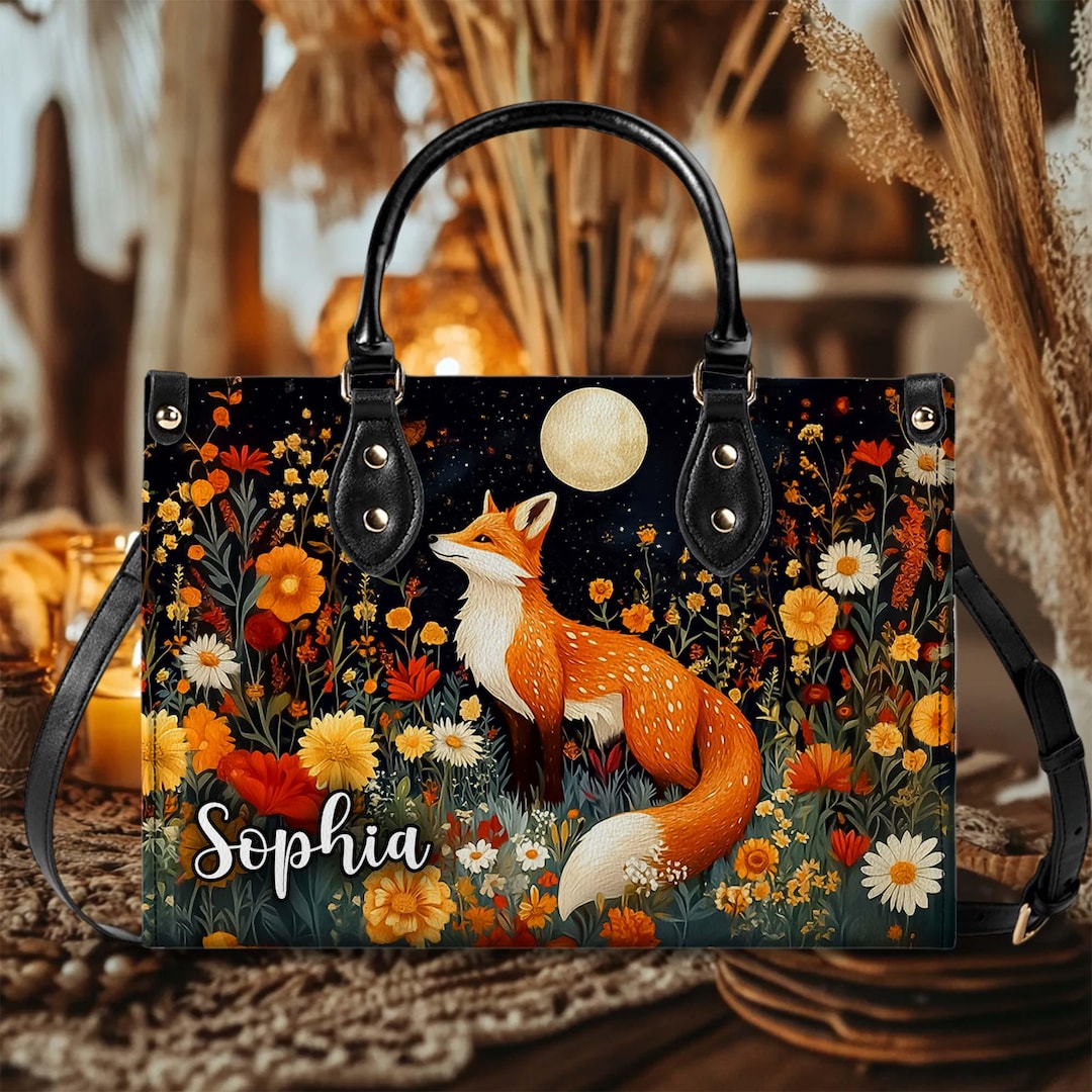 Custom Name Retro Fox and Floral Leather Handbag, Forest Nature Fox ...