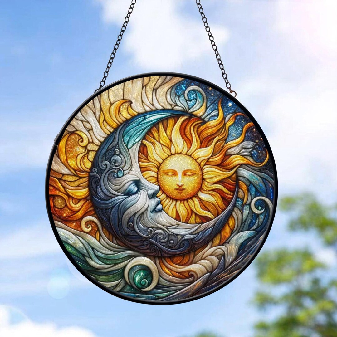 Sun and Moon Window Faux Stained Glass Suncatcher, Sun and Moon ...