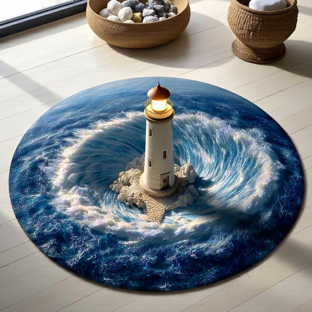 Printed Ocean Swirl Lighthouse Faux 3D Rug, Coastal Nautical Home Decor ...