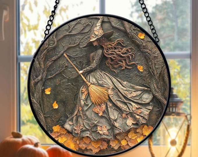 Halloween Witch With Moon Suncatcher, Witchy Window Hanging Decor ...
