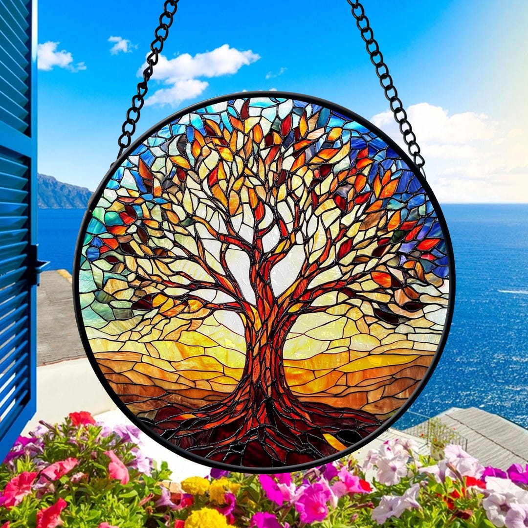 Tree of Life Faux Stained Glass Window Hanging, Christmas Gift for Mom ...