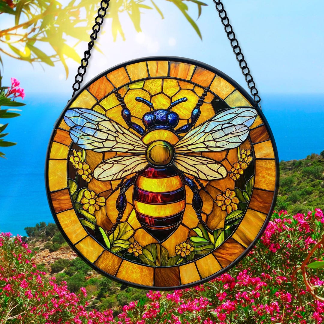 Bee Faux Stained Glass Window Hanging, Christmas Gift, Honeycomb ...