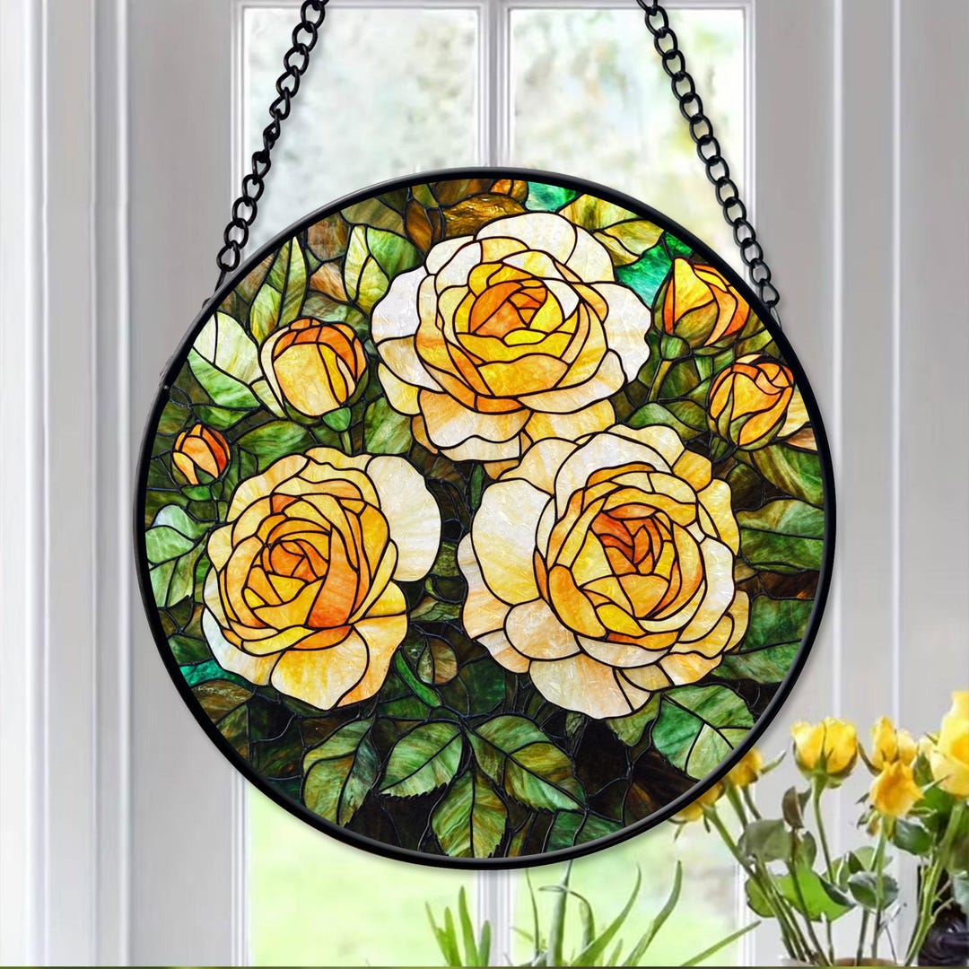 Roses Faux Stained Glass Window Hanging, Christmas Gift for Mom, Roses ...
