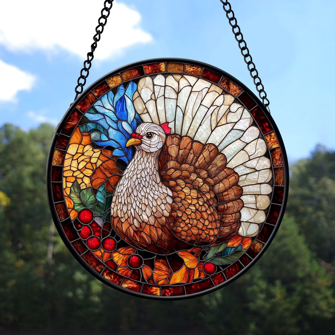 Turkey Faux Stained Glass Window Hanging, Christmas Gifts, Thanksgiving ...