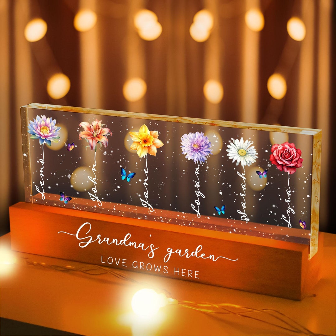 Custom Grandma's Garden Night Light With Wood Base, Custom Birth Flower ...