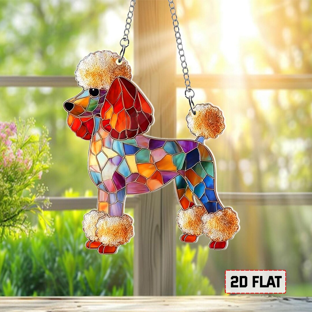 Rainbow Poodle Dog Acrylic Suncatcher, Colorful Puppy Window Ornament ...