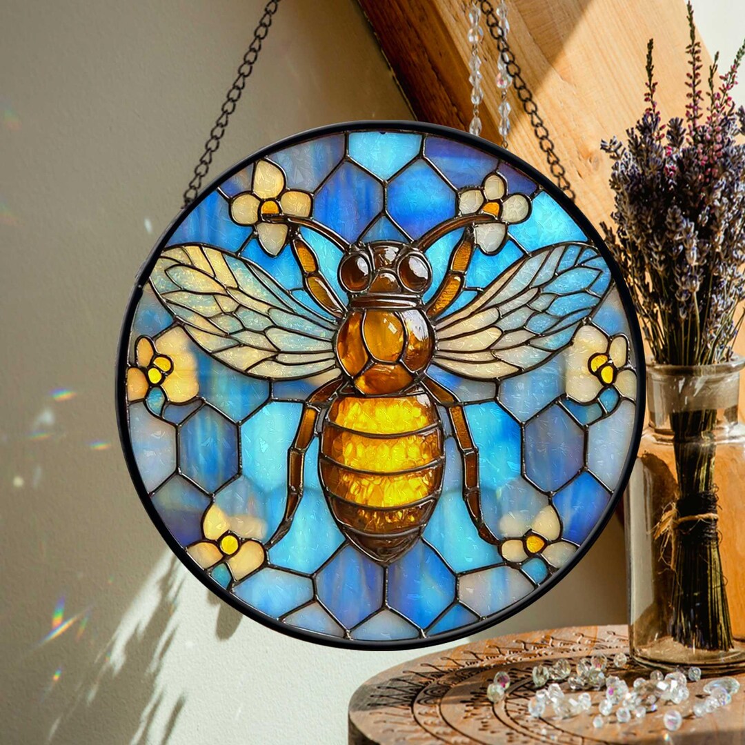 Bee Faux Stained Glass, Honey Bee Window Hanging Suncatcher for ...