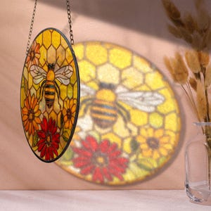 Bee Stained Glass Window Hanging, Christmas Gift for Mom, Honeycomb ...