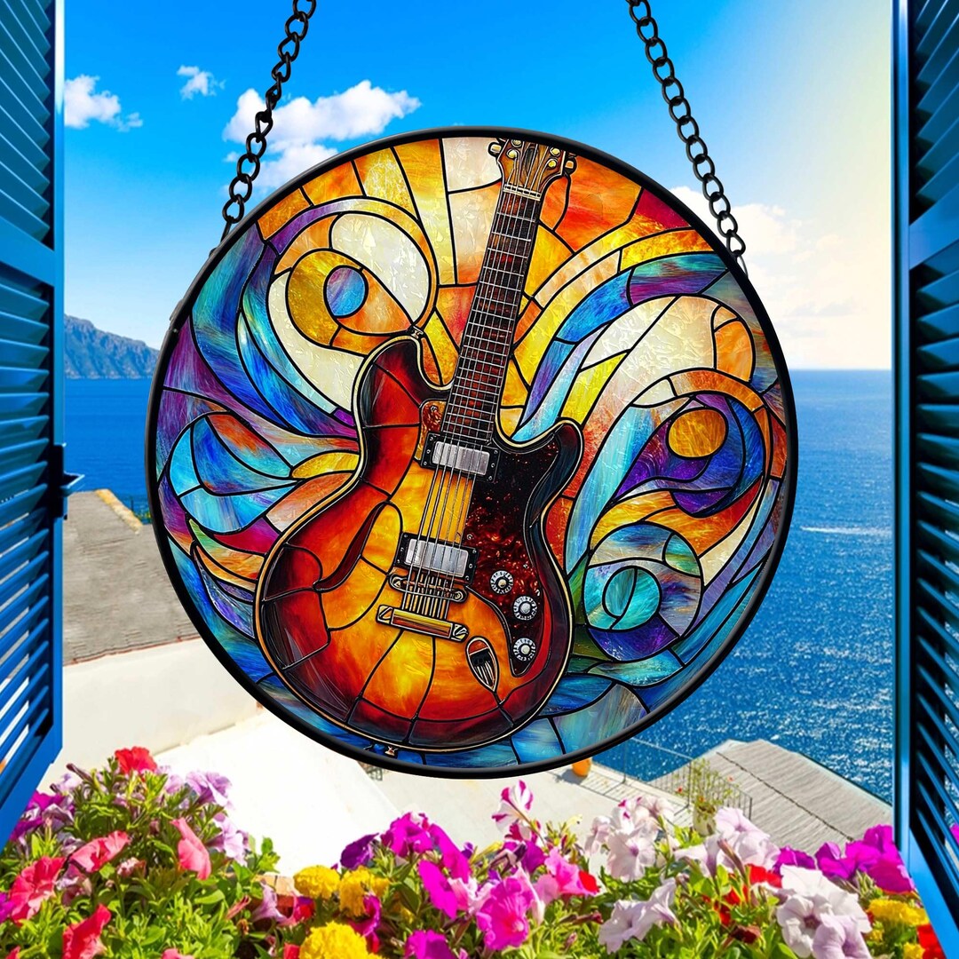 Handmade Stained Glass Electric Guitar Suncatcher – Vibrant and ...