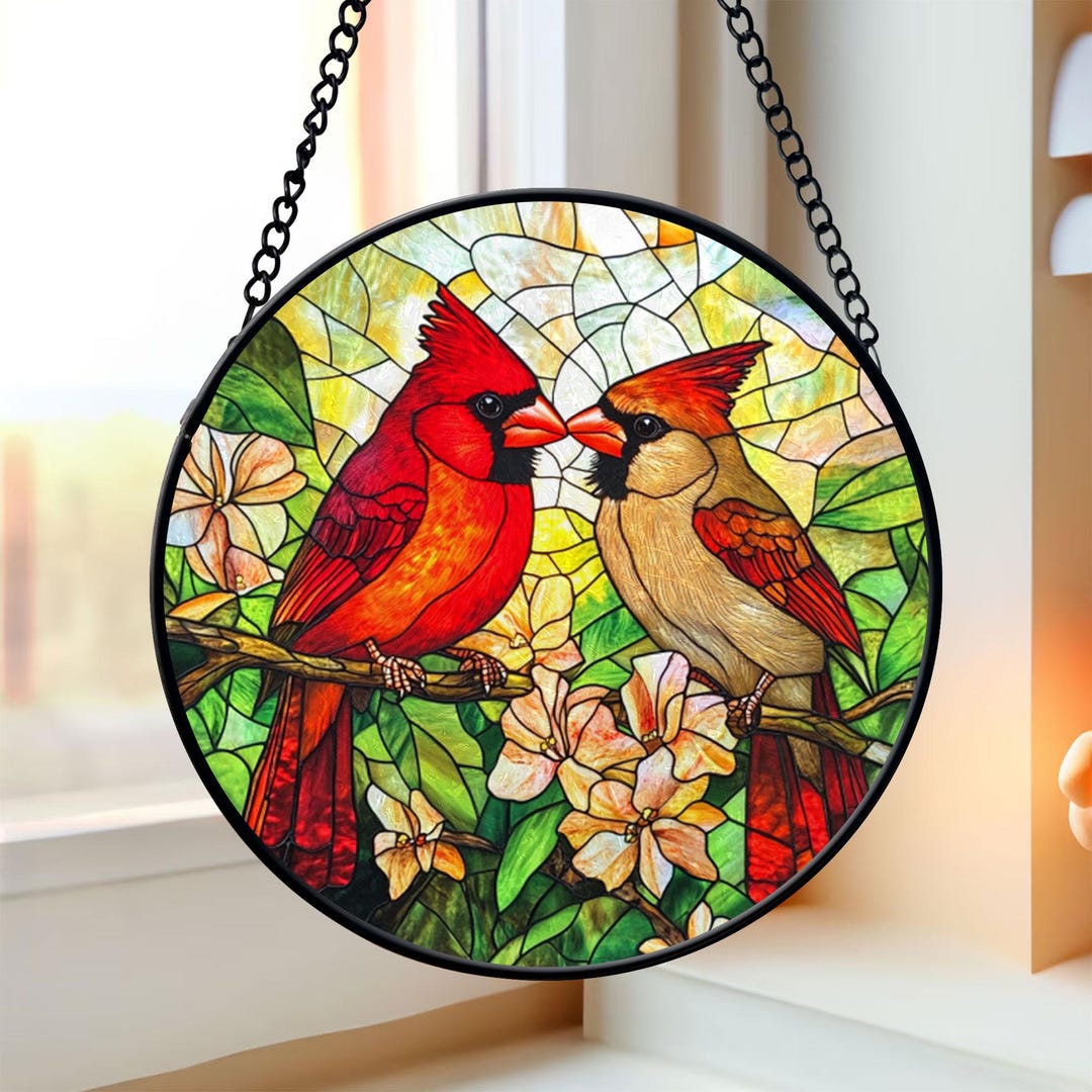 Cardinal and Flowers Stained Glass Window Hanging, Christmas Gift ...