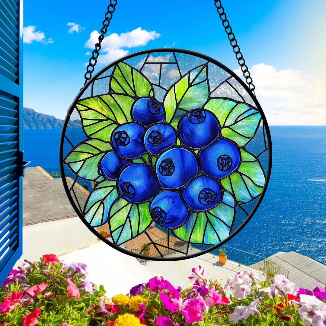 Blueberries Faux Stain Glass Suncatcher, Blueberries Window Hanging ...