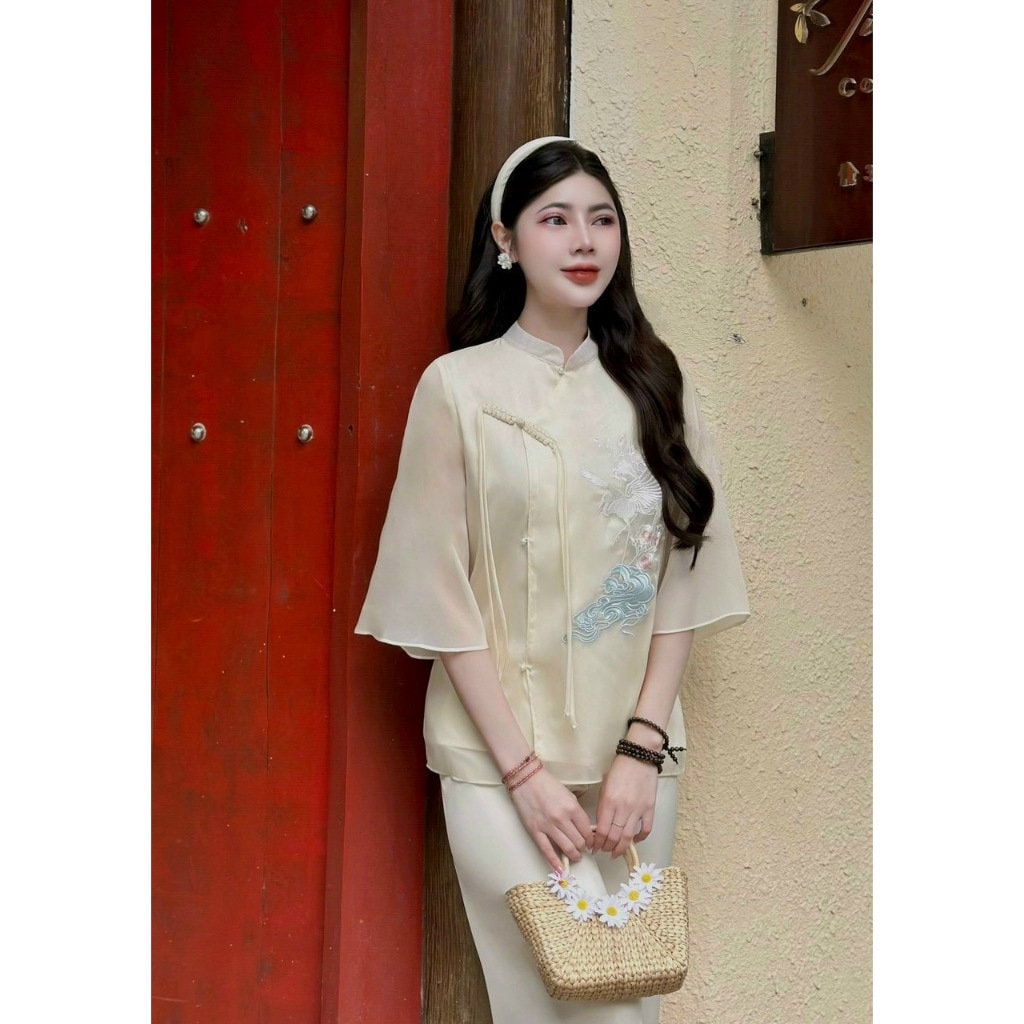 Pre-made Ao Dai Viet Nam Đồ Lam đi Chùa Thêu Chim Hạc Thiết Kế Thời ...