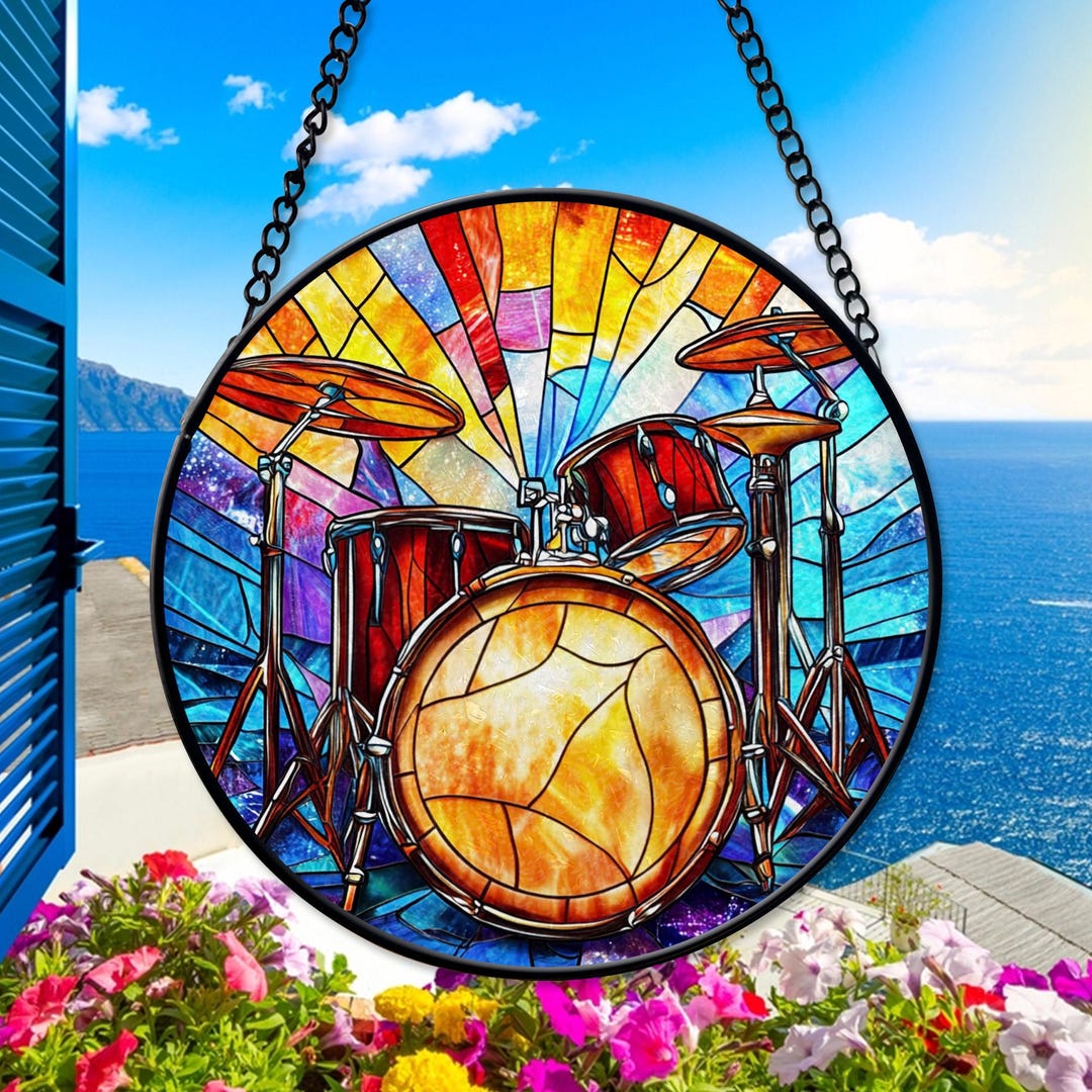 Stained Glass Drum Set Suncatcher – Colorful Music-themed Window ...