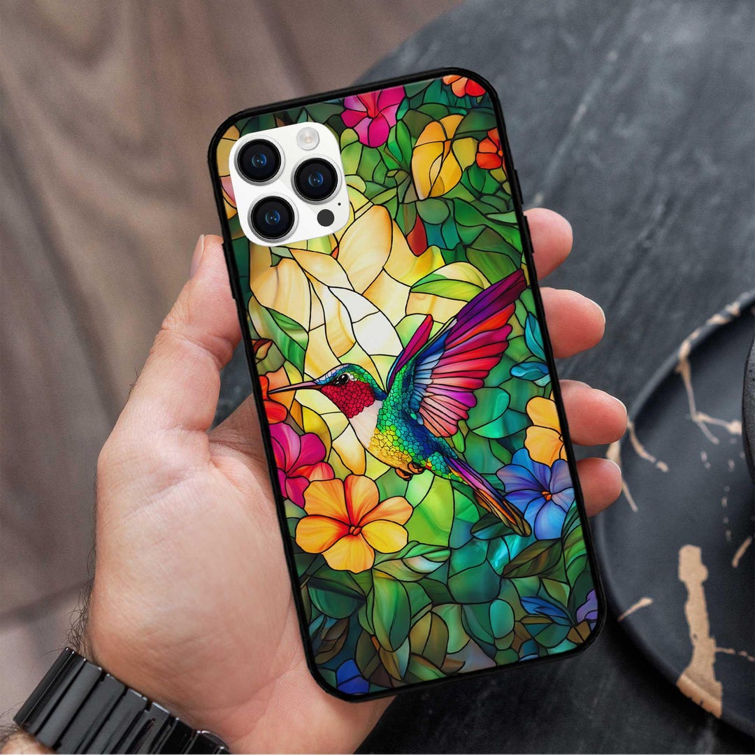 Faux Stained Glass Hummingbird Phone Case, Colorful Floral Design ...