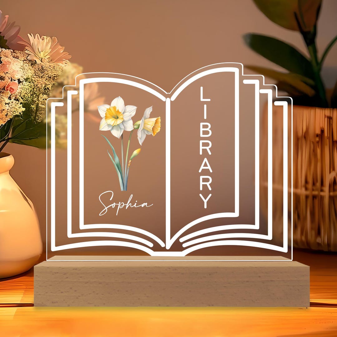 Personalized Flower Library Sign 3D Multicolor Led Light Wooden Base ...