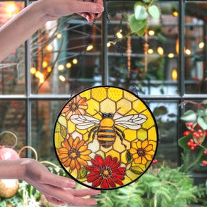Bee Stained Glass Window Hanging, Christmas Gift for Mom, Honeycomb ...