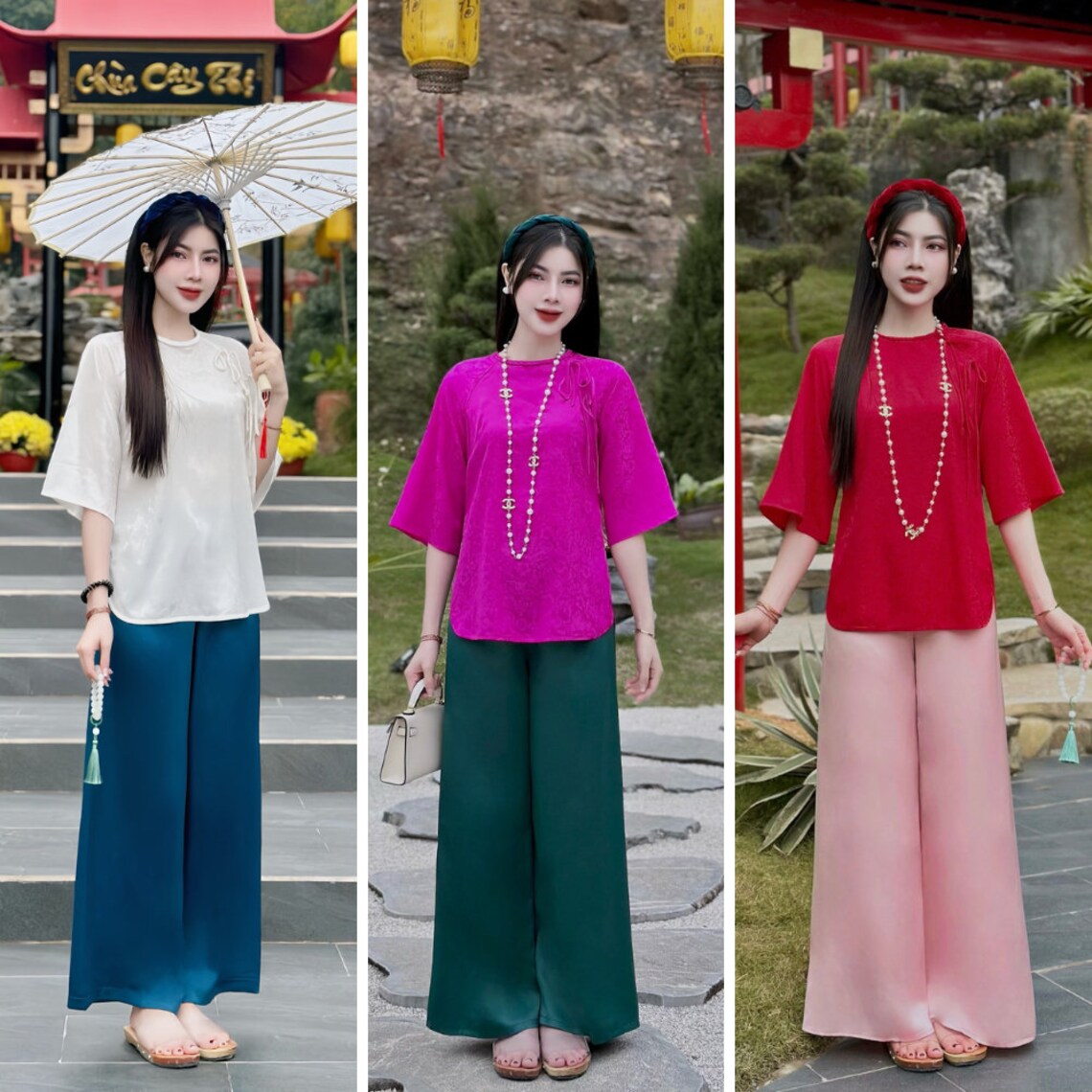 Pre-made Ao Dai Viet Nam Đồ Lam đi Chùa Chất Lụa Nhẹ Nhàng Tiểu Thư ...