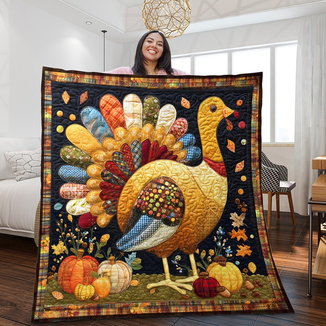 Turkey Pumpkin Quilt Blanket for Fall, Harvest Thanksgiving Throw ...