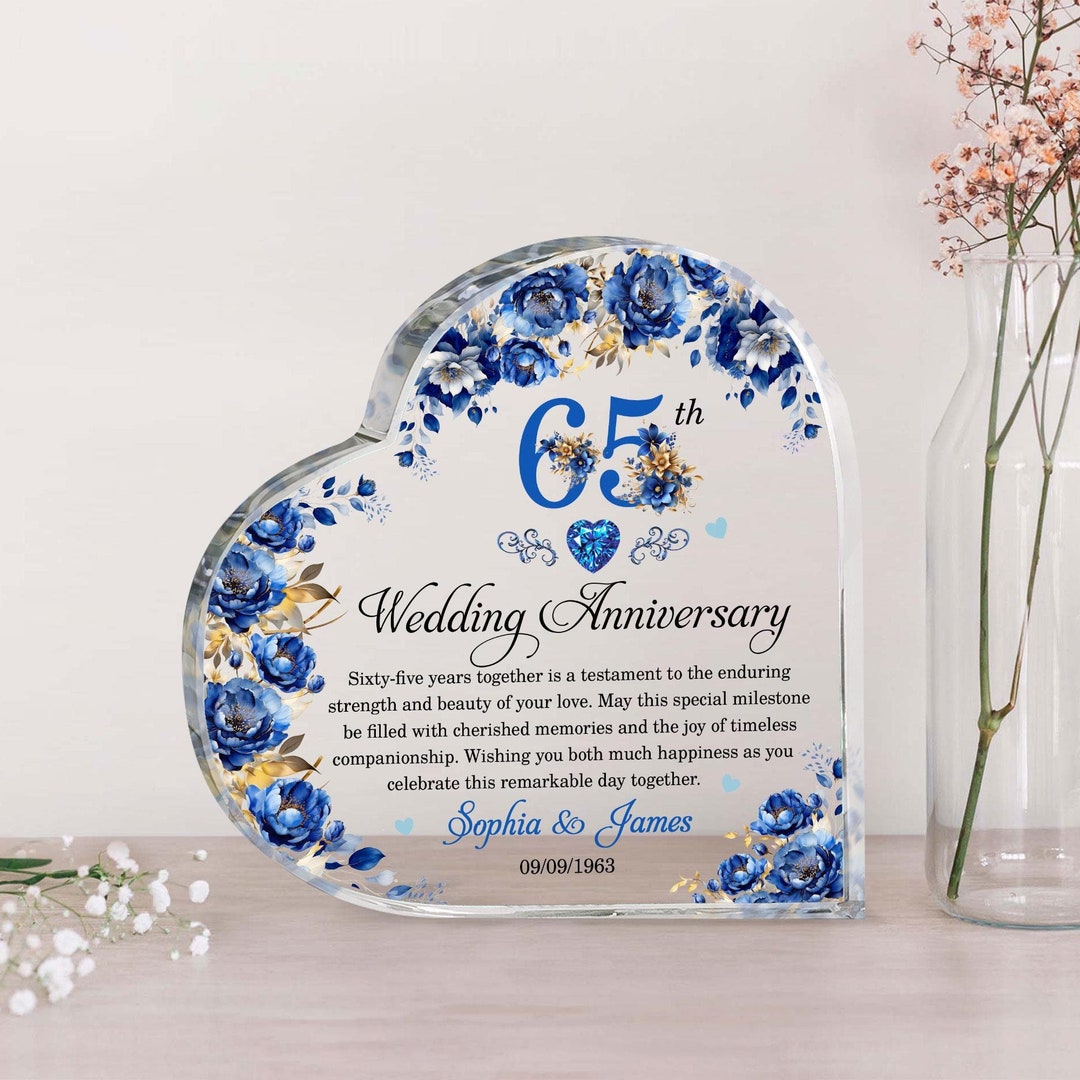 Personalized 65th Anniversary Heart Acrylic Plaque, Blue Sapphire Wedding Anniversary Gifts ...