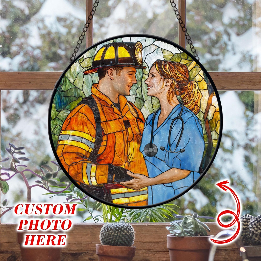 Custom Hero Firefighter & Nurse Couple Portrait Faux Stained Glass ...