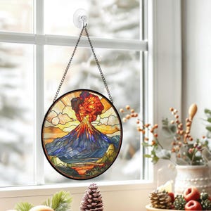 Volcano Faux Stained Glass Suncatcher, Gift for Volcano Lover, Volcano ...