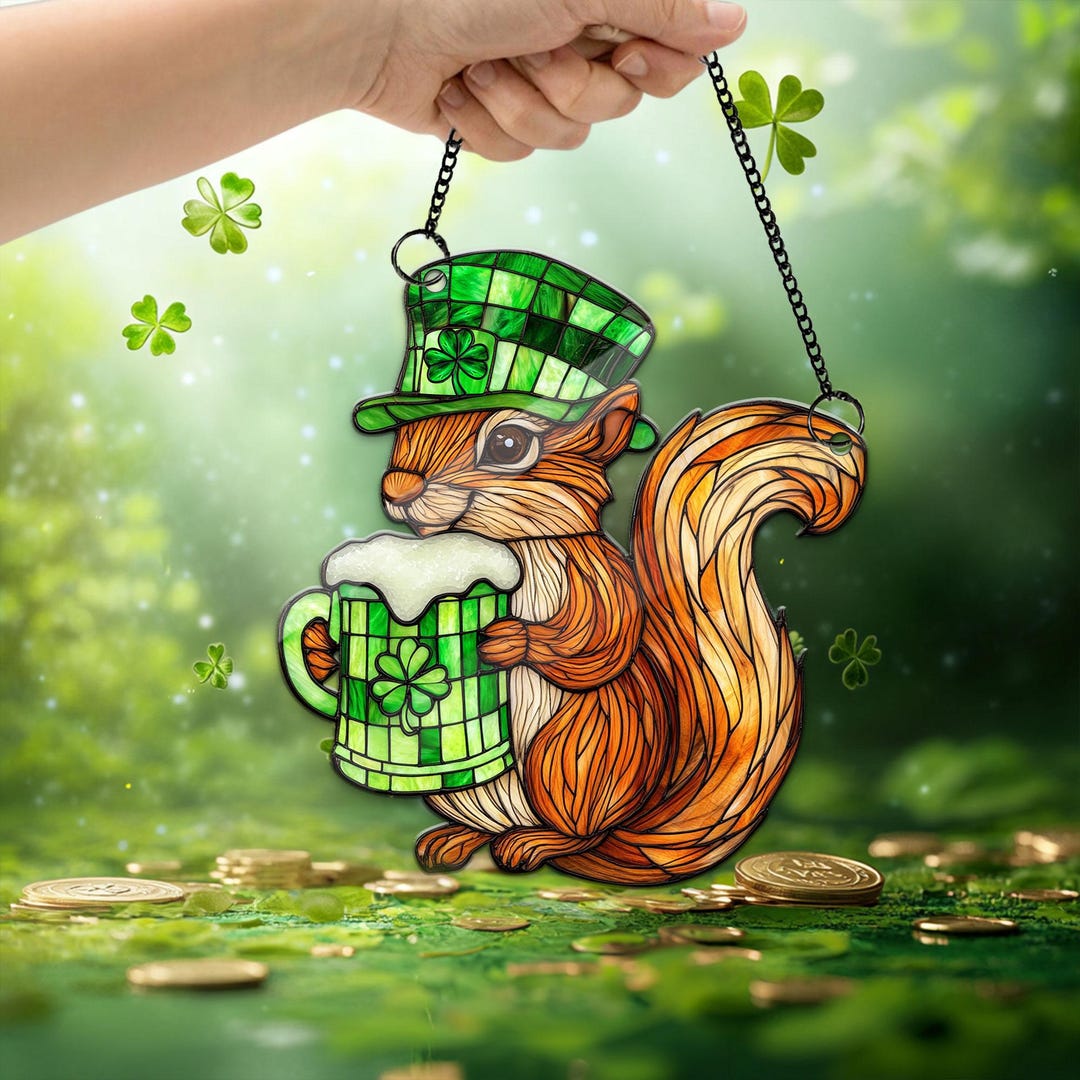 St Patrick's Day Squirrel Acrylic Window Hanging, Squirrel Window Decor ...