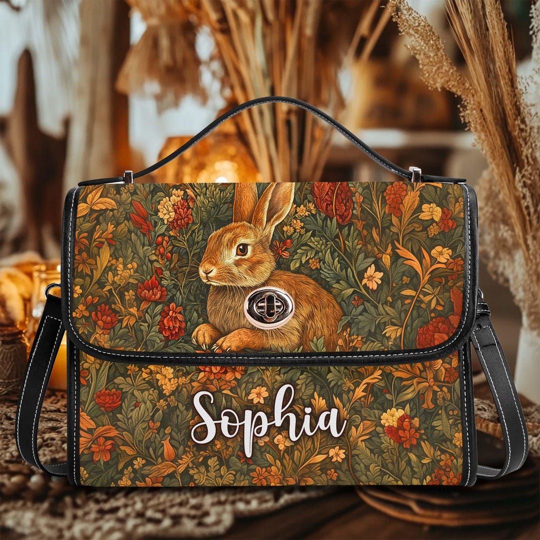 Custom Retro Red Rabbit and Floral Satchel Bag, Forest Nature Rabbit ...