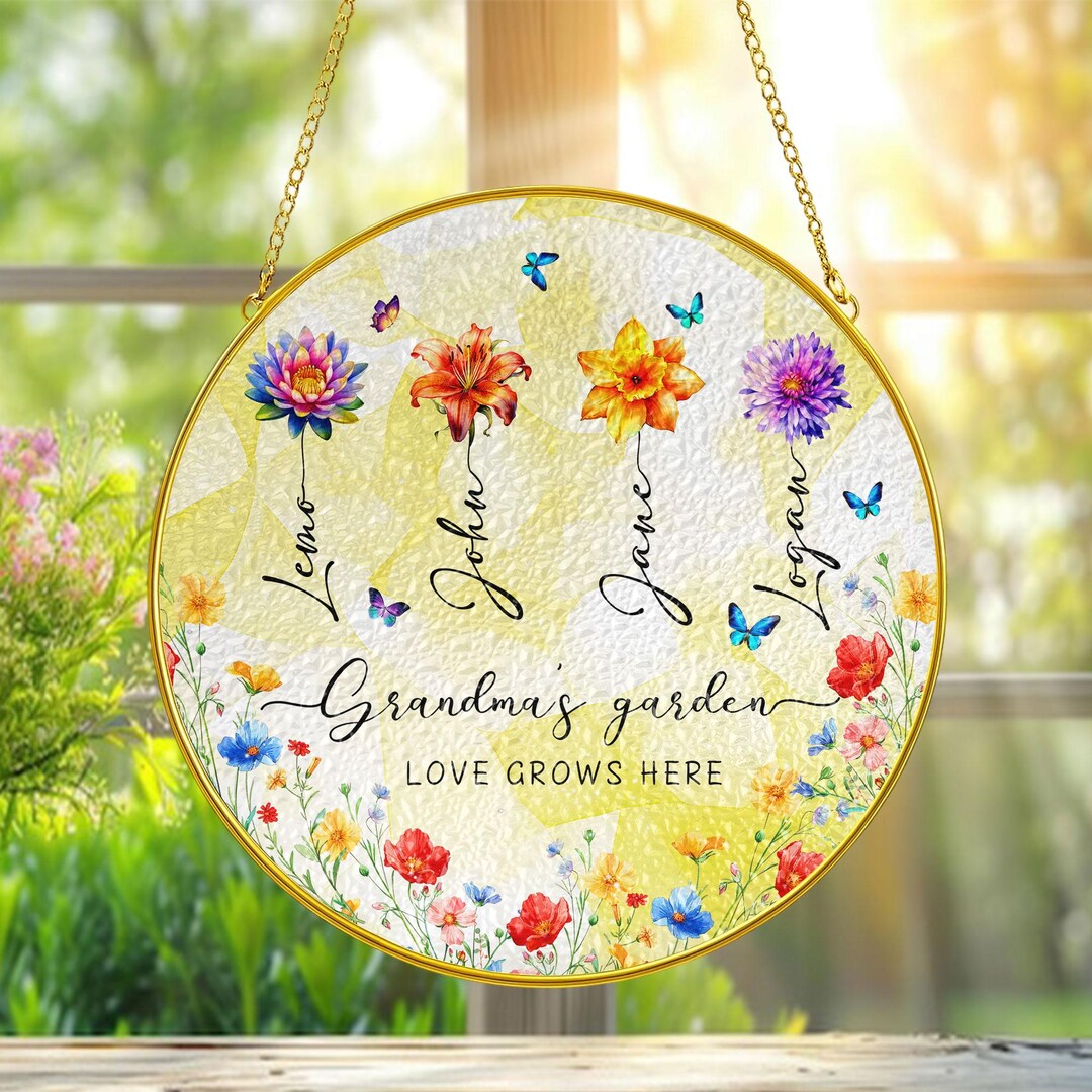 Personalized Mom's Garden Suncatcher, Nana Birth Month Flower Stained ...