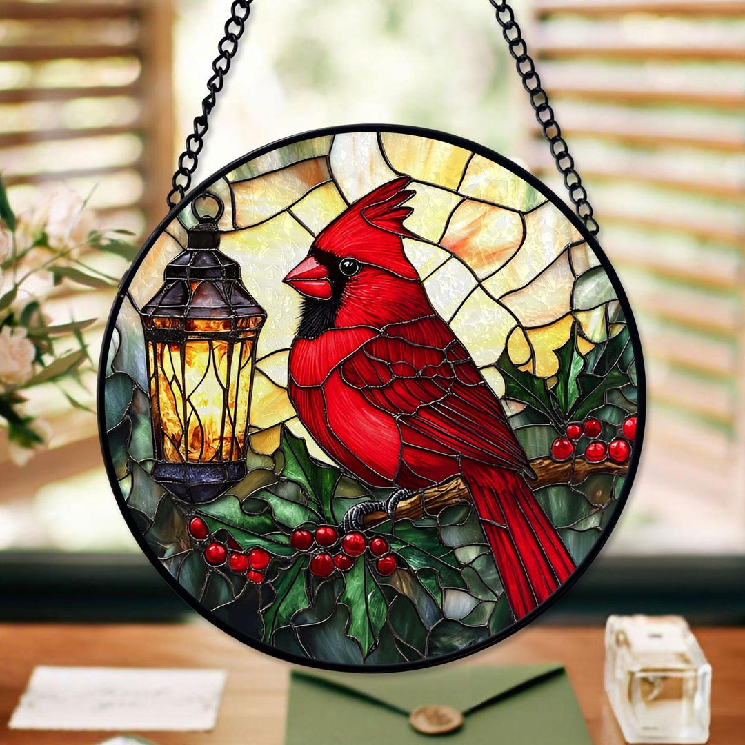 Cardinal and Flowers Stained Glass Window Hanging, Christmas Gift ...