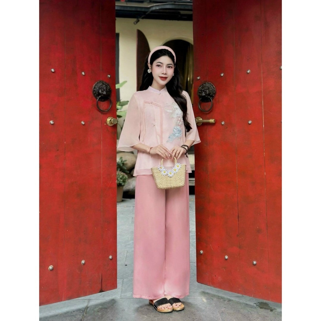 Pre-made Ao Dai Viet Nam Đồ Lam đi Chùa Thêu Chim Hạc Thiết Kế Thời ...