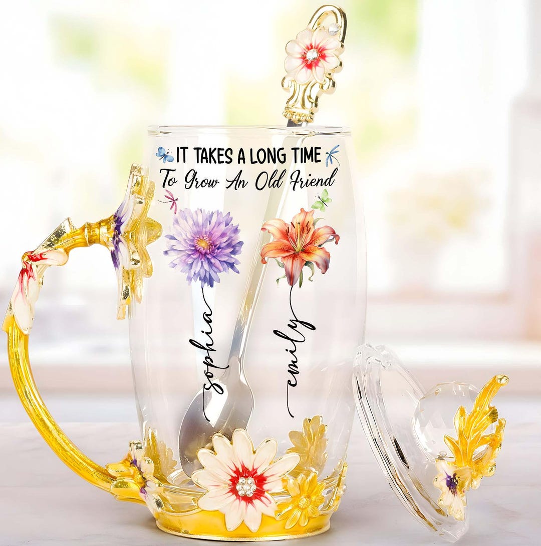 Personalized Best Friends - Birth Month Flowers Enamel Flower Tea Cup ...