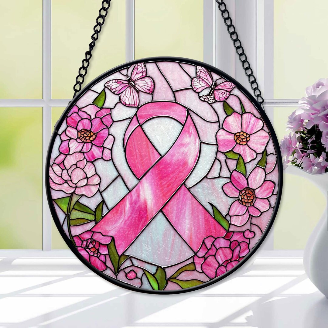 Breast Cancer Awareness Suncatcher, Pink Ribbon Stained Glass Window ...