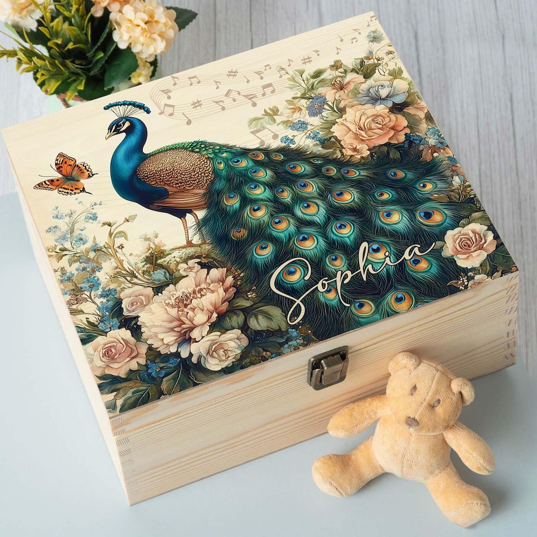 Personalized Peacock Wooden Keepsake Box, Peacock Box Gift for Kids ...