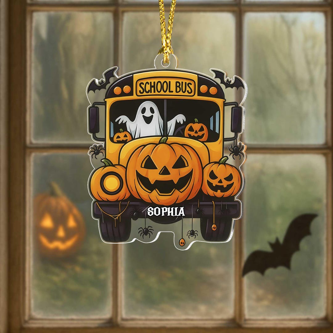 Spooky Halloween School Bus Ornament With Name, Creepy Pumpkin Ride ...