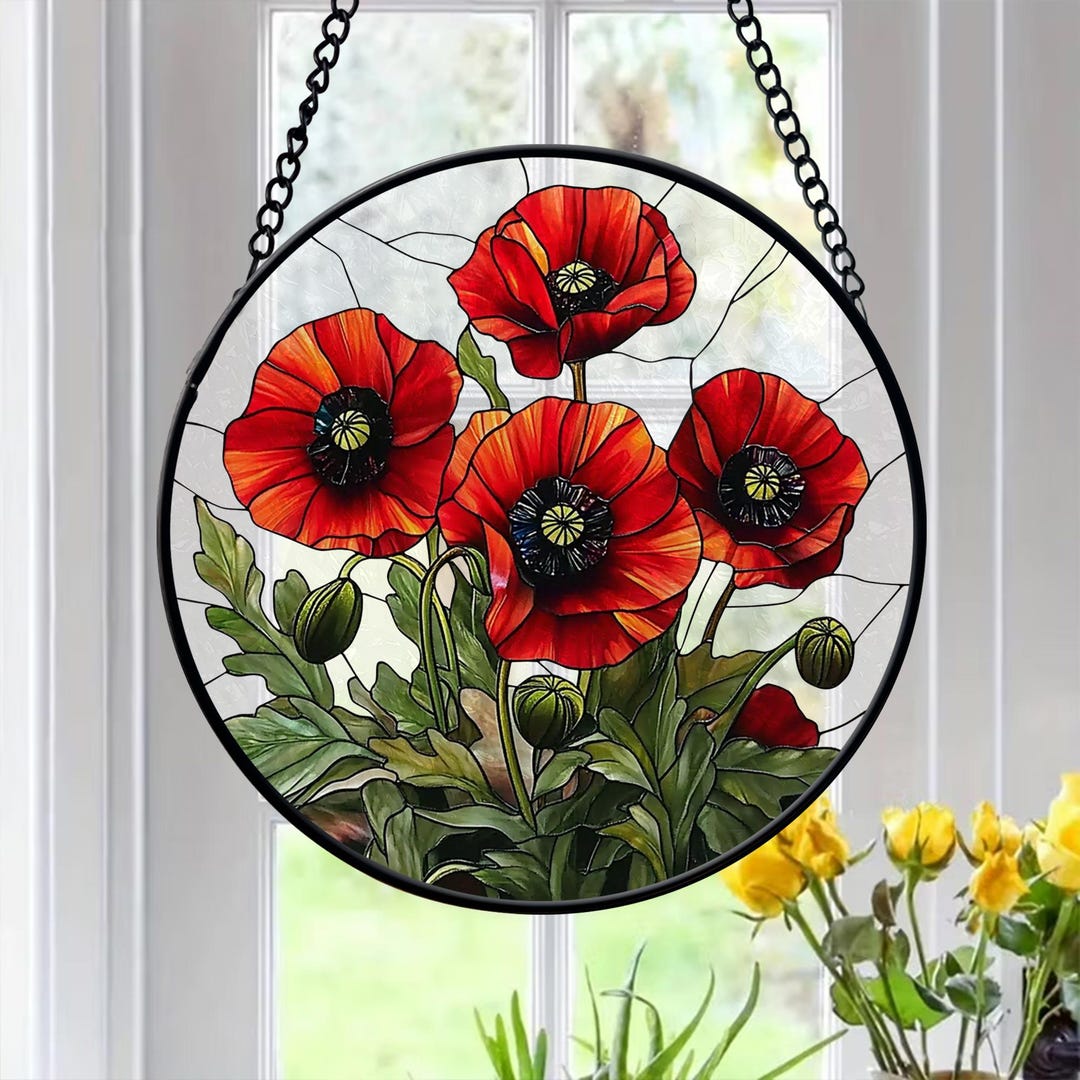 Red Poppies - Flanders Fields Flower Faux Stained Glass Suncatcher ...