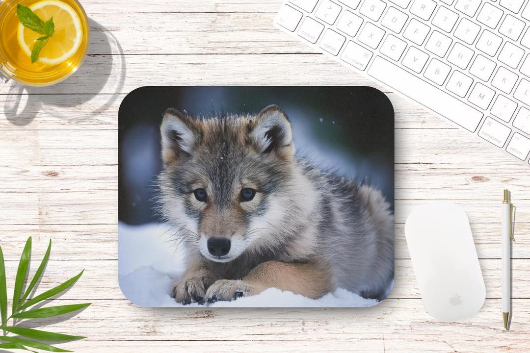 Baby Wolf Mouse Pad, Animal Lover Desk Decor, Winter Snow Wolf Gift ...