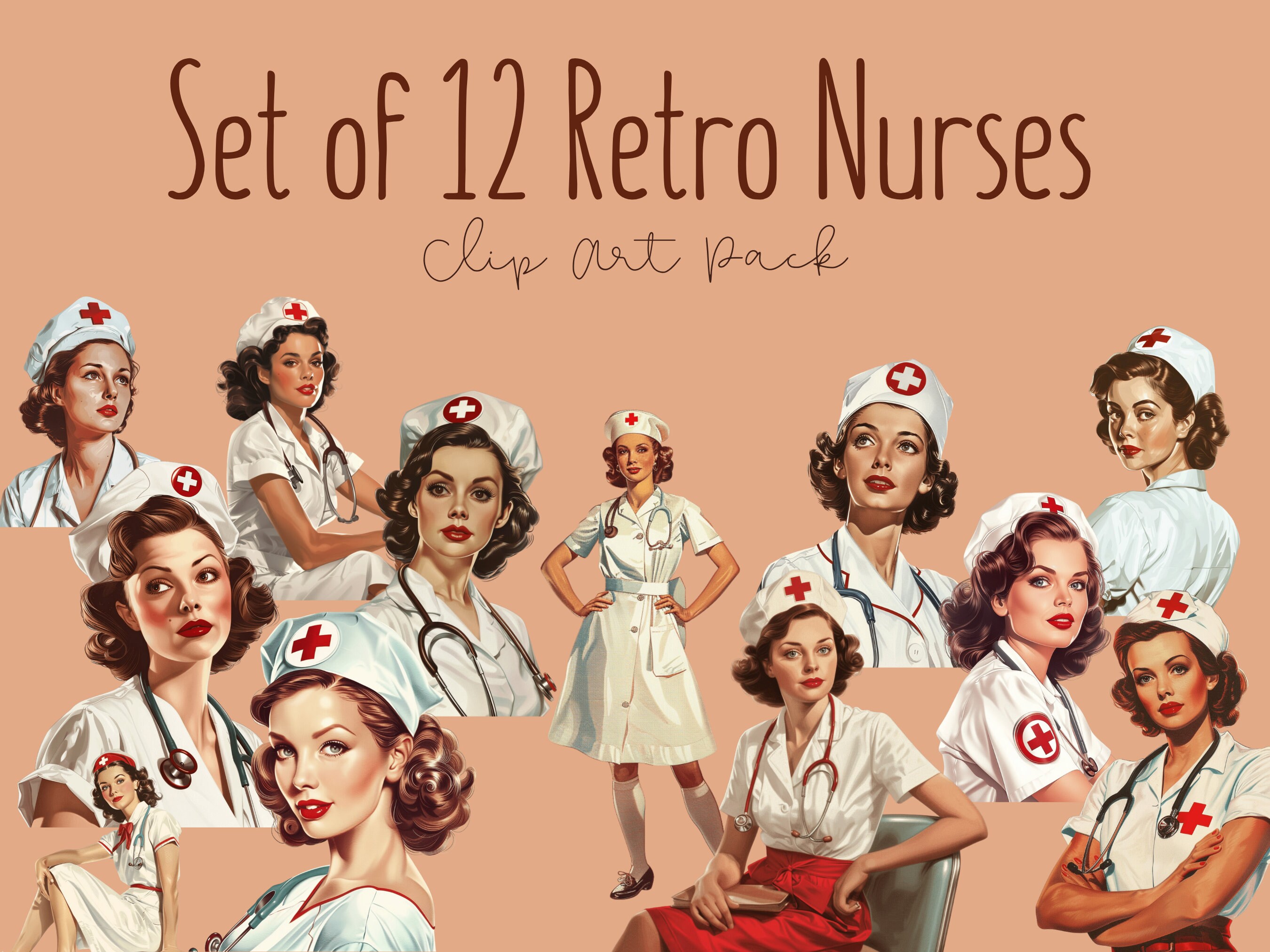 Vintage Style Clipart of 12 Retro Nurses, Commercial Use Clipart ...