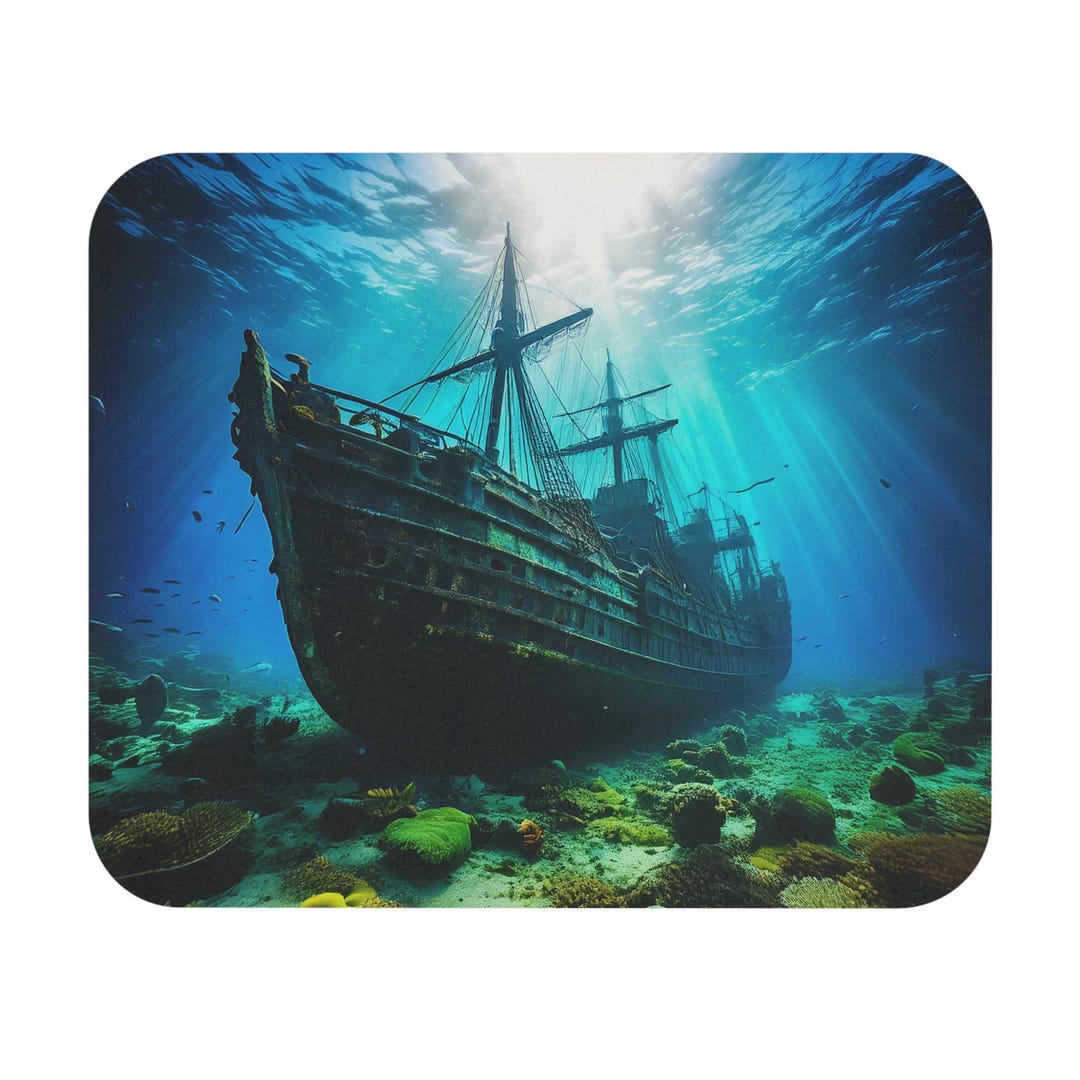 Underwater Shipwreck Mouse Pad, Nautical Fish Rectangle Desk Mat, Ocean ...